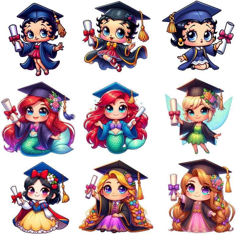 Graduation Princess Clipart PNG, Chibi Fairy Tale Girls in Cap and Gown ...