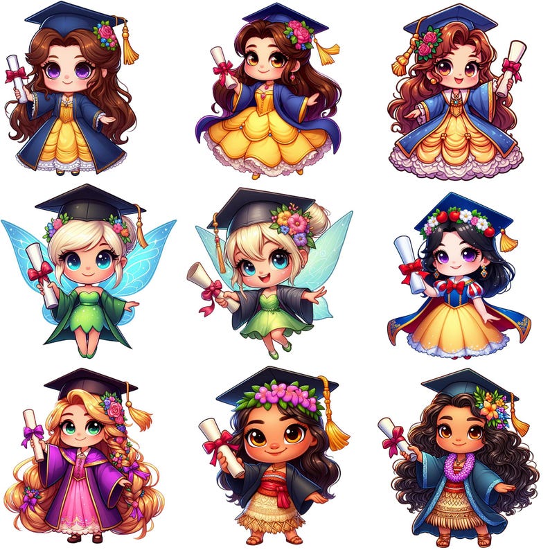 Graduation Princess Clipart PNG, Chibi Fairy Tale Girls in Cap and Gown ...