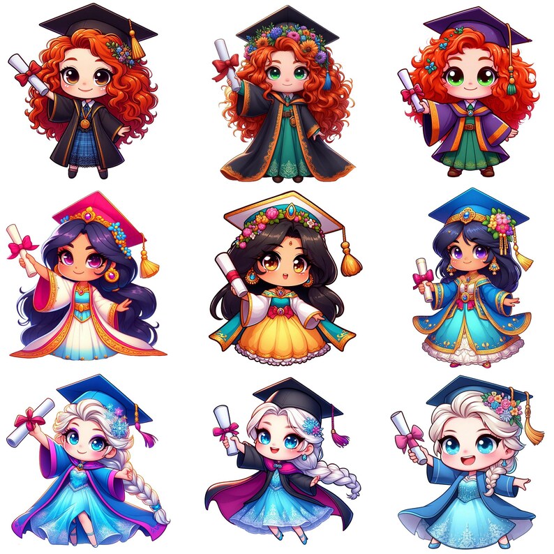 Graduation Princess Clipart PNG, Chibi Fairy Tale Girls in Cap and Gown ...