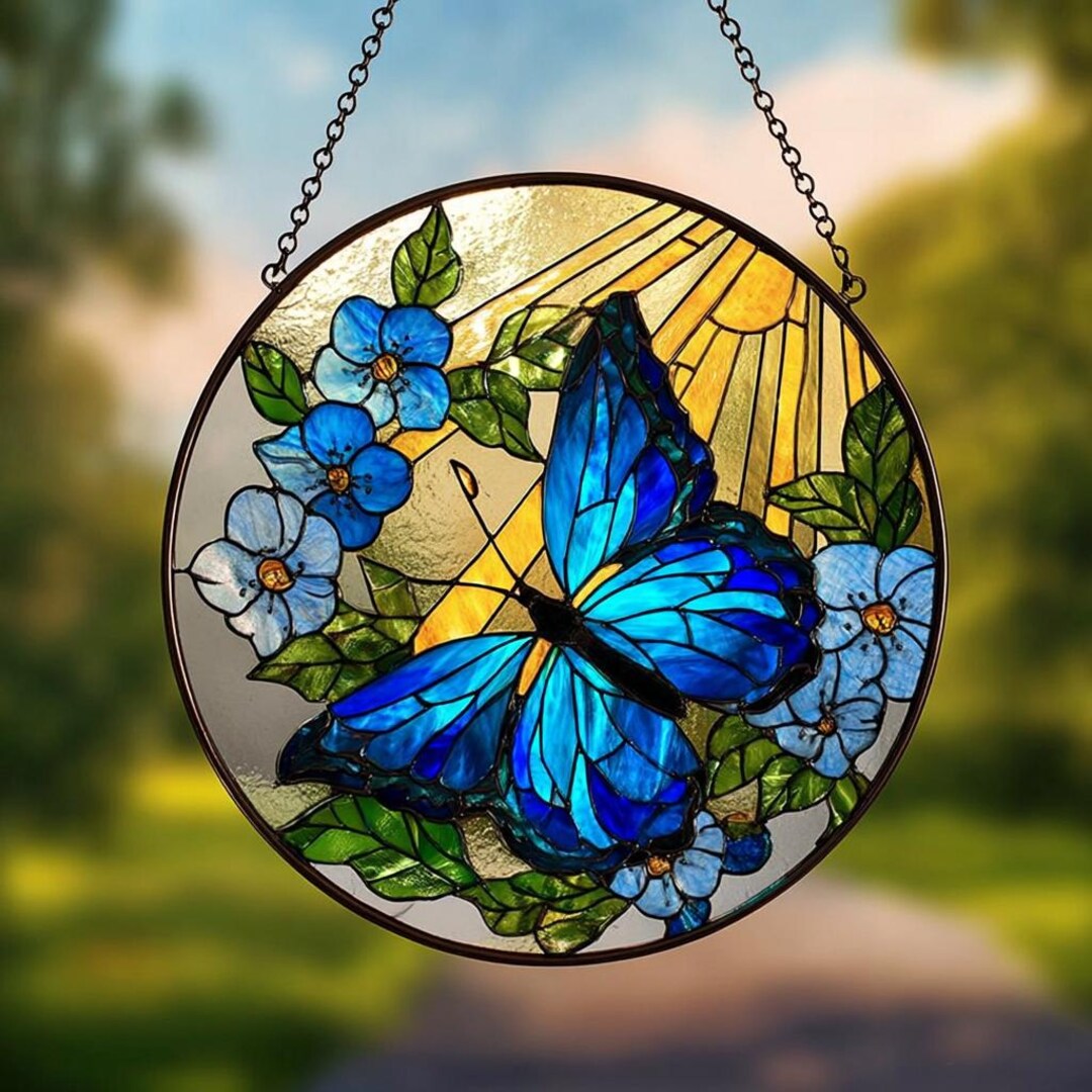 Blue Butterfly Stained Glass Suncatcher, Handmade Window Decor With ...