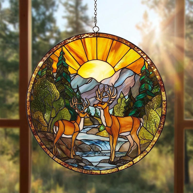 Forest Deer Couple Stained Glass Suncatcher, Deer Hunting Lover Gift ...