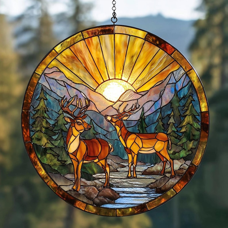Forest Deer Couple Stained Glass Suncatcher, Deer Hunting Lover Gift ...