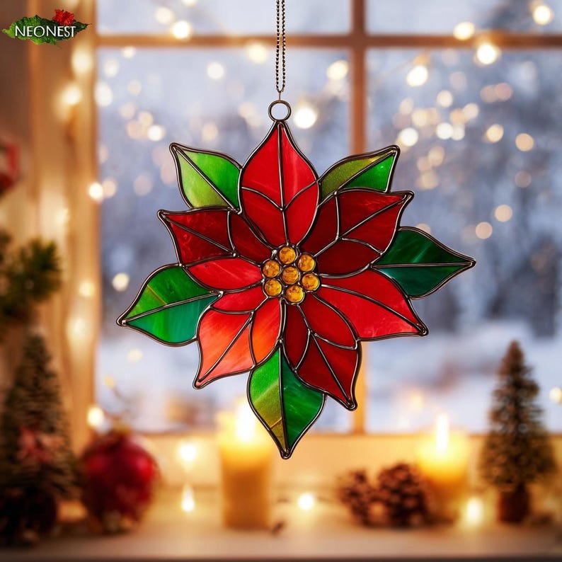 Christmas Poinsettia Stained Glass Suncatcher, Holiday Window Decor ...