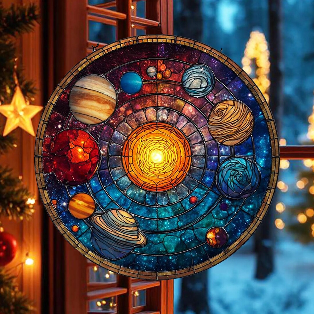 Solar System Stained Glass Suncatcher, Round Planet Window Hanging With ...
