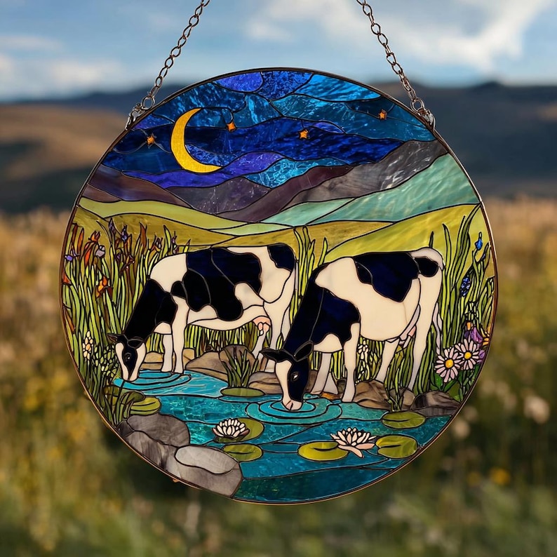 Holstein Cows Drinking Suncatcher, Rustic Farmhouse Kitchen Decor ...