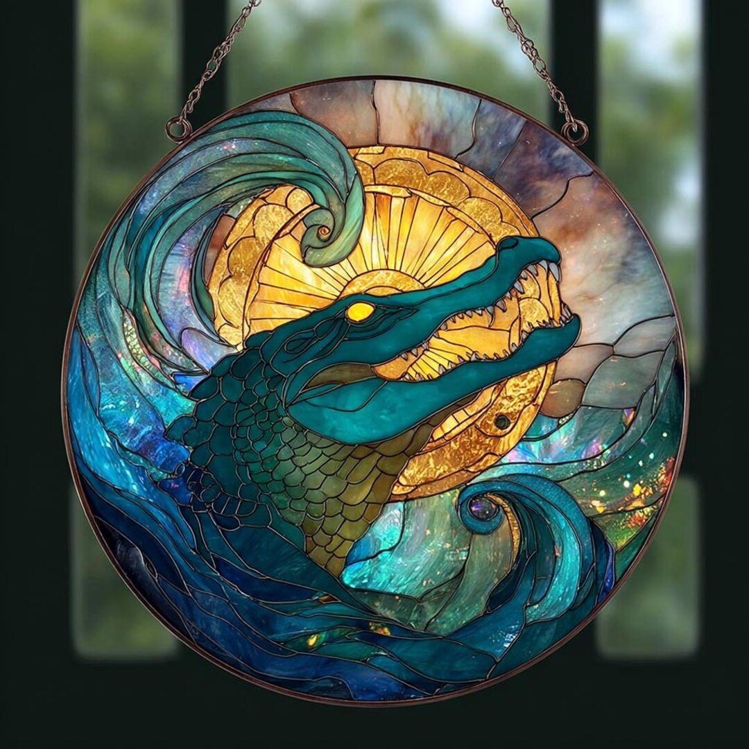 Alligator Stained Glass Suncatcher, Bold Reptile Art Panel, Unique ...