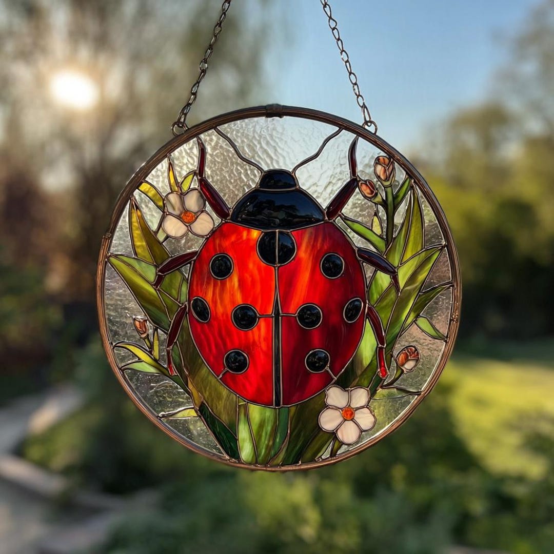 Ladybird Stained Glass Suncatcher, Window Hanging Decor, Outdoor ...
