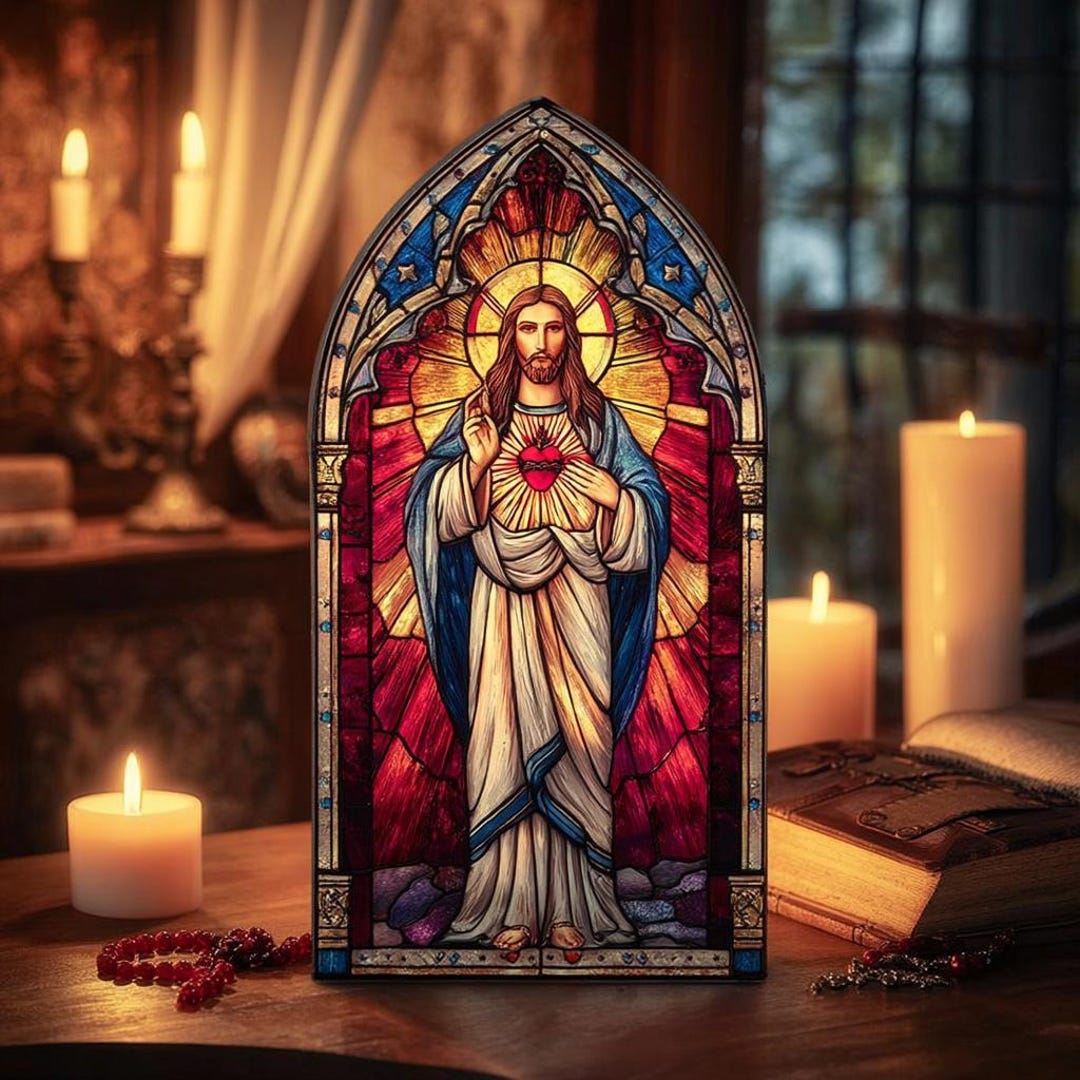Sacred Heart Jesus Stained Glass Book Nook, Jesus Candle Holder ...