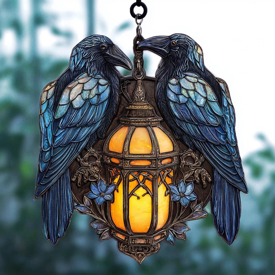 Raven Gothic Lantern Acrylic Suncatcher, 2D Faux Crow on Lamp Halloween ...