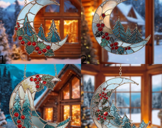 Moon and Pine Trees Acrylic Suncatcher Ornament, Christmas Tree Window ...