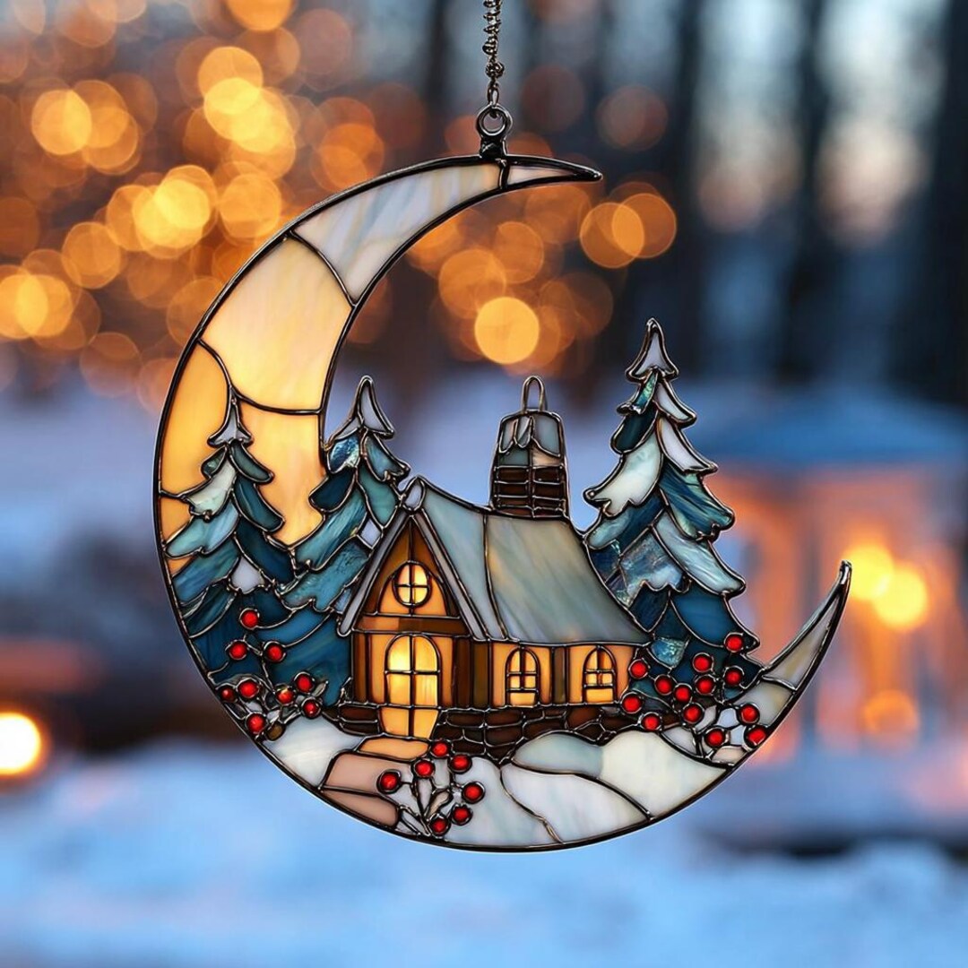 Winter Cottage Moon Acrylic Suncatcher, Faux Stained Glass Christmas ...