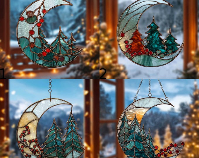 Moon and Pine Trees Acrylic Suncatcher Ornament, Christmas Tree Window ...