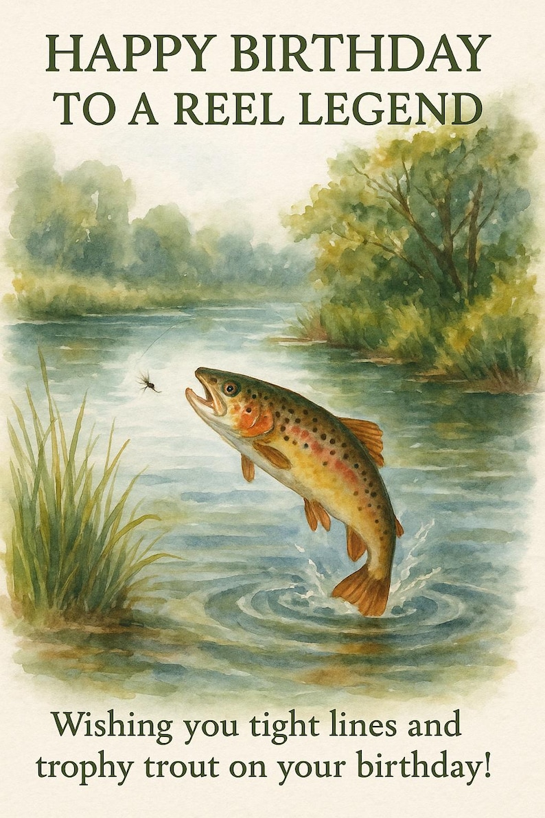 Watercolor Trout Fishing Birthday Card: Angler Legend (digital Download ...