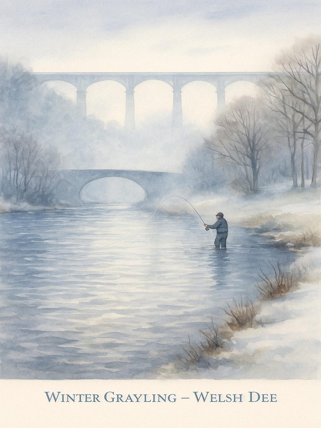 Welsh Dee Winter Landscape: Fly Fishing Watercolor Print (digital ...