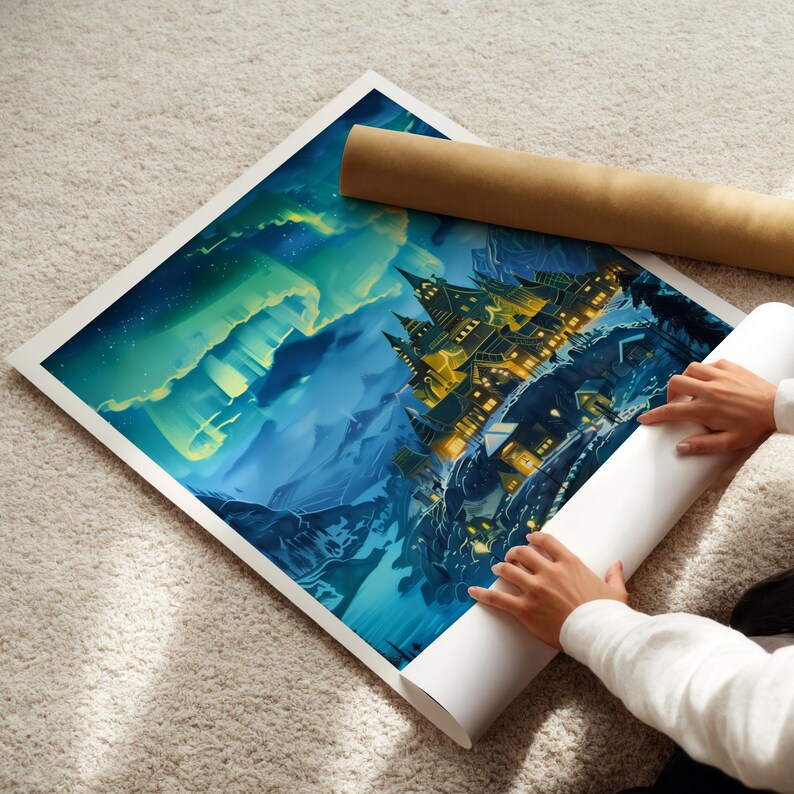 Valhalla Art Print: Norse Mythology, Aurora Borealis, Viking Castle ...