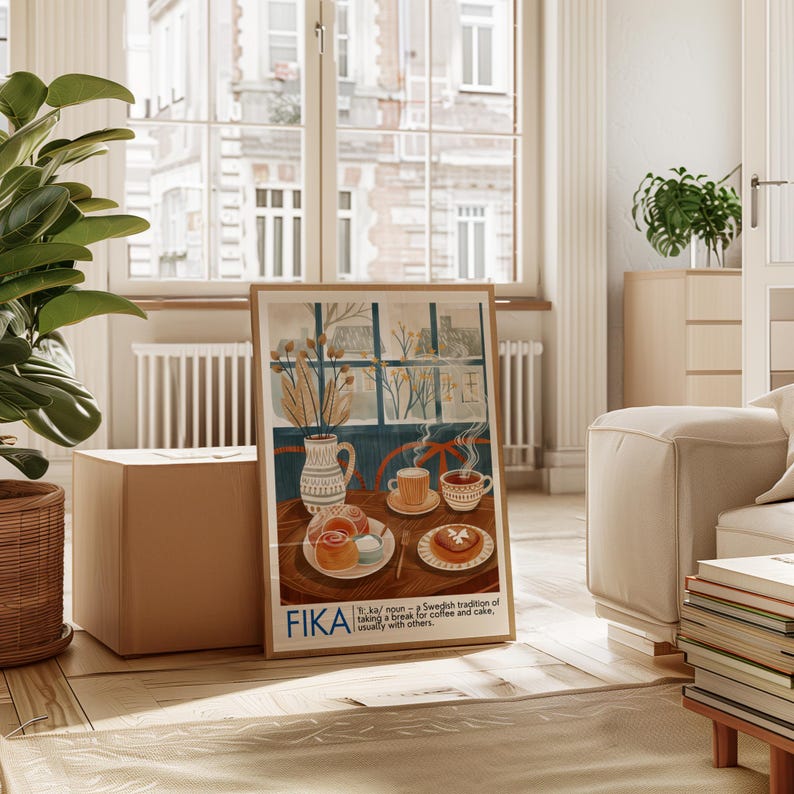Fika Art Print: Swedish Coffee Break, Cinnamon Rolls, Nordic Kitchen ...