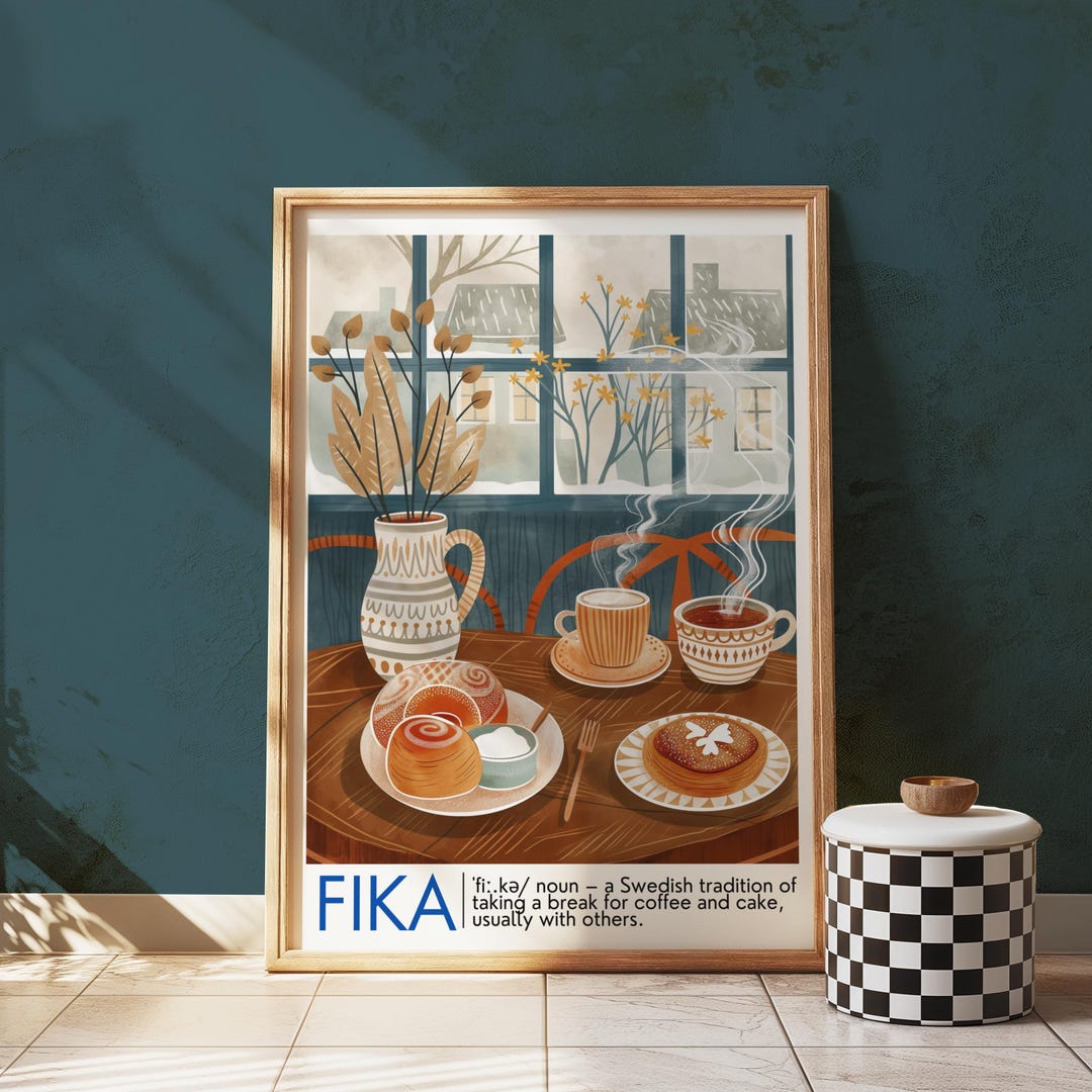 Fika Art Print: Swedish Coffee Break, Cinnamon Rolls, Nordic Kitchen ...