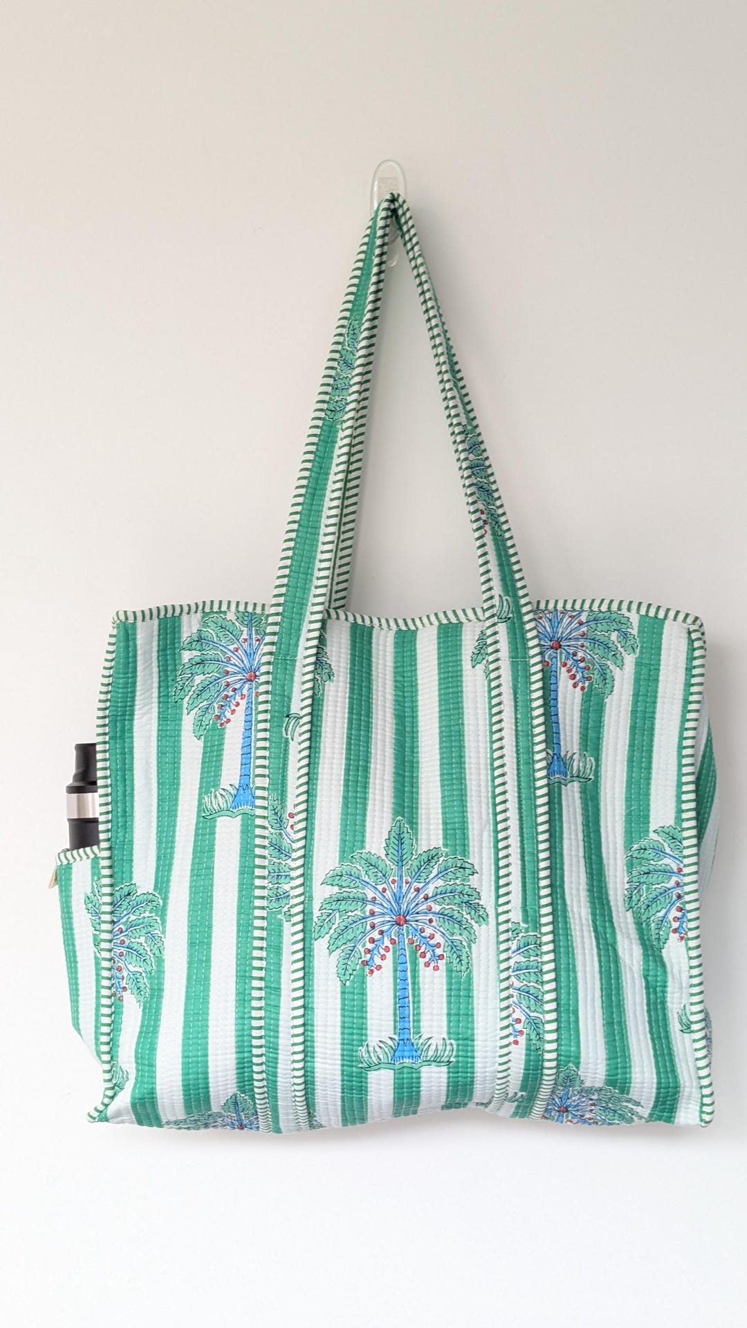 Hand Block Print Tote Bags : Quilted Cotton, Tumbler Pocket and Zipper ...