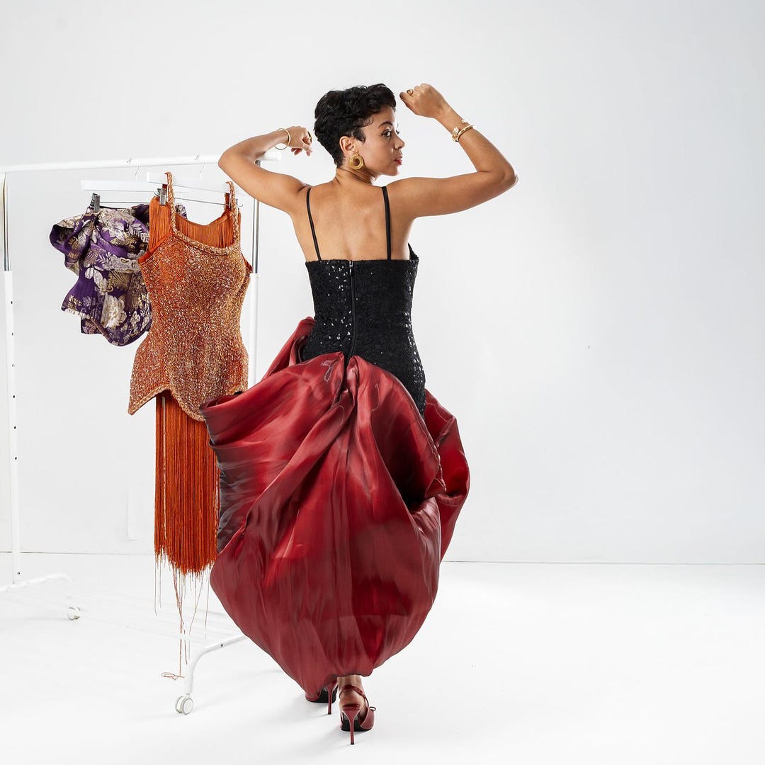 Summer Red Architectural Skirt Gown, Black Sequin Bodice, Statement ...