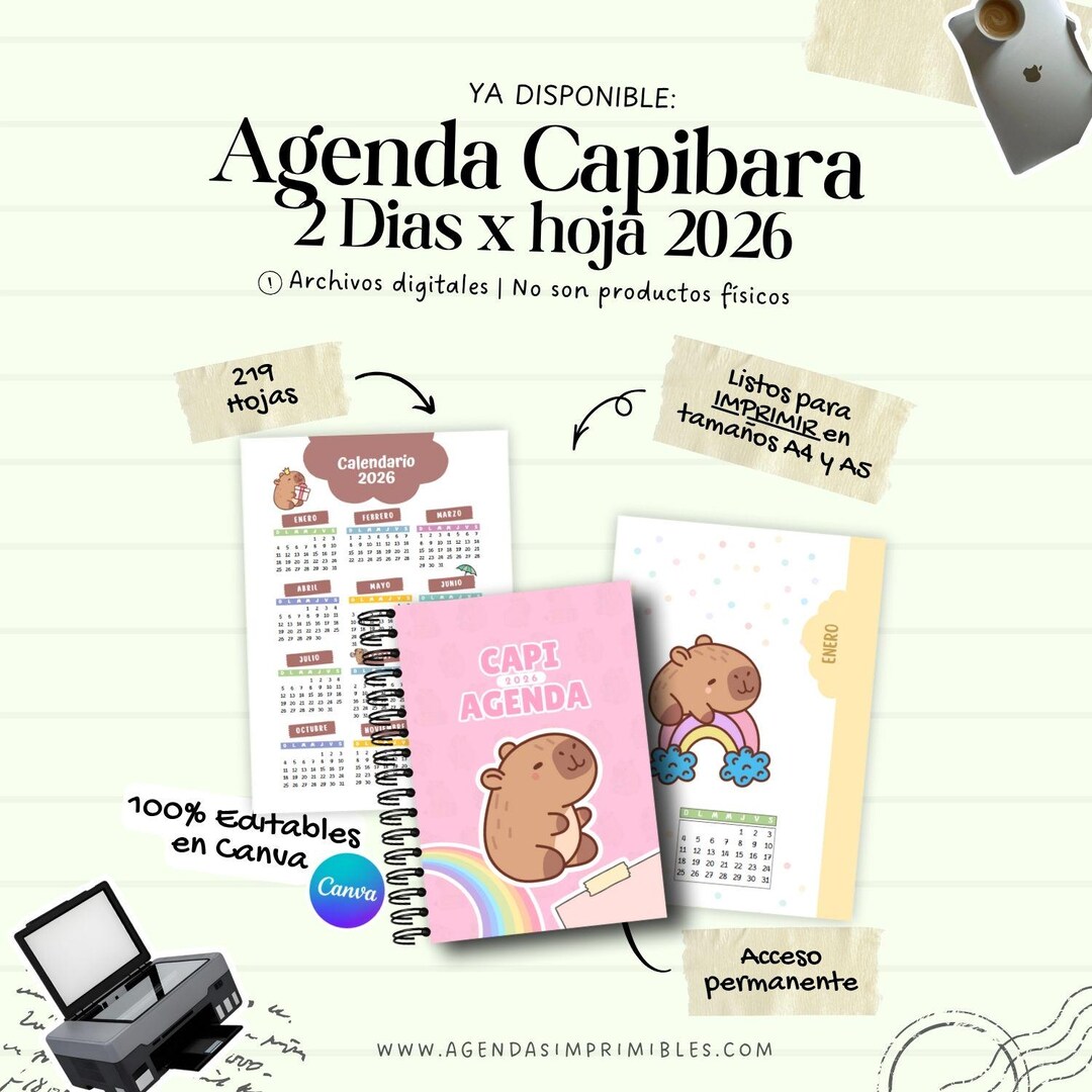 Archivo Digital - Agenda Capibara 2026 Editable Canva | Planner 2 días ...