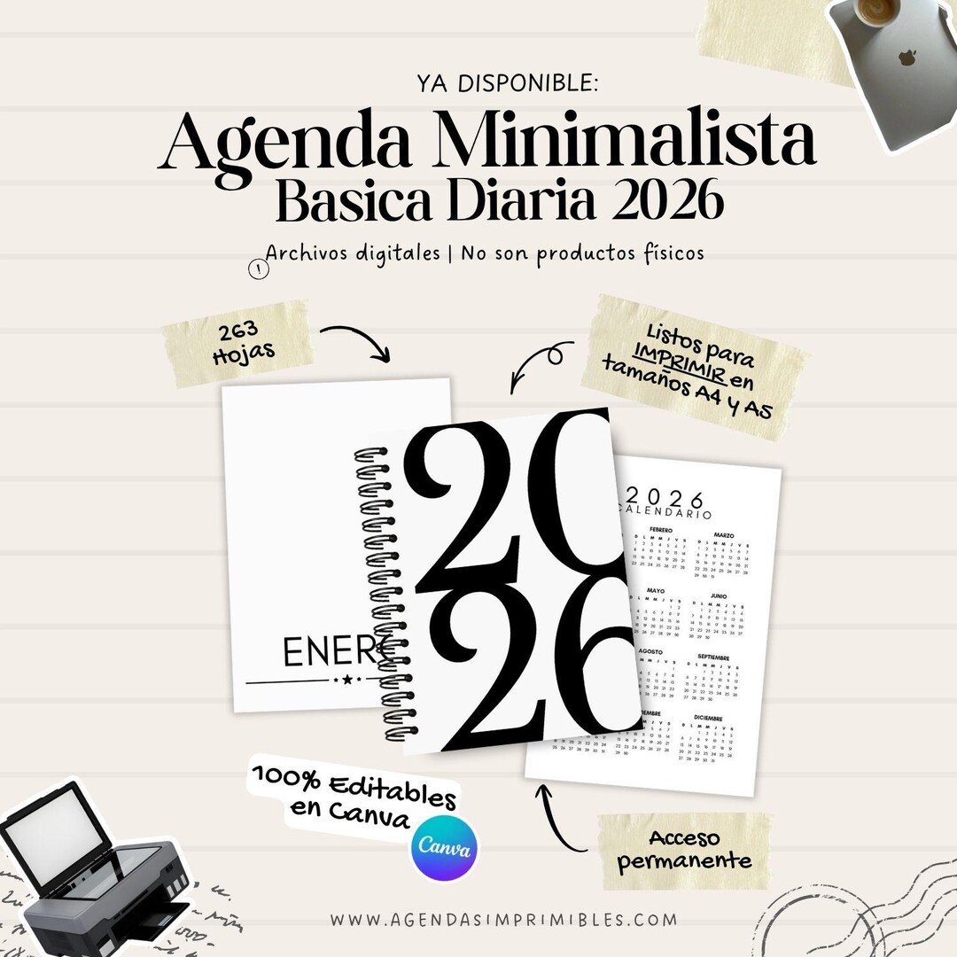 Agenda Minimalista 2026 Editable Canva | Planner diario imprimible PDF ...