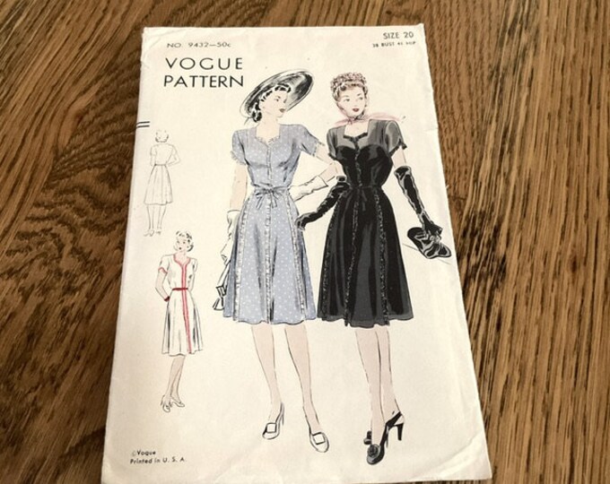 1940s Vogue Pattern 9432 / One Piece Dress / Bust 38 - Etsy