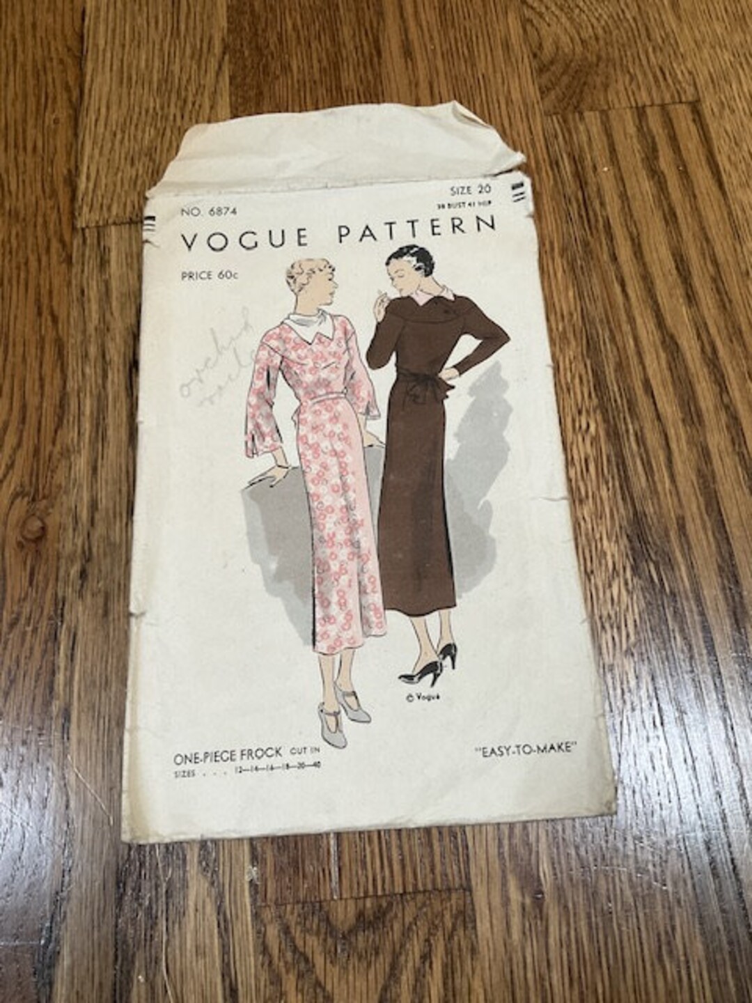 1930s Dress Pattern / Vogue Pattern No. 6874 / Bust 38 - Etsy