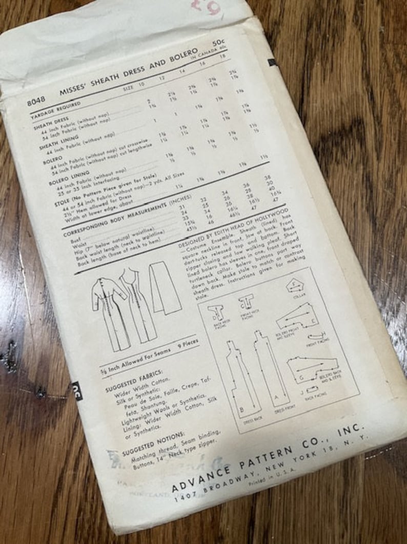 1950s Cocktail Dress Pattern / Edith Head / Advance 8048 / Bolero - Etsy