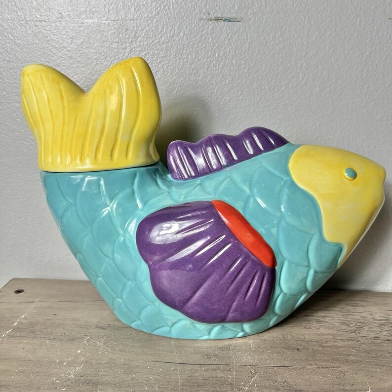 Vintage Treasure Craft Fish Cookie Jar Turquoise Yellow Purple Ceramic ...
