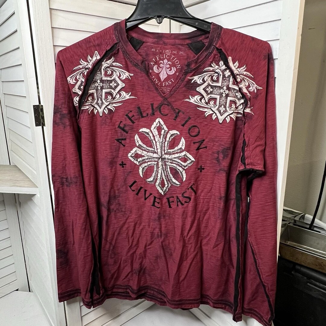 Vtg Y2K Affliction Live Fast XL Red Graphic Cross Raw Edge LS Shirt ...
