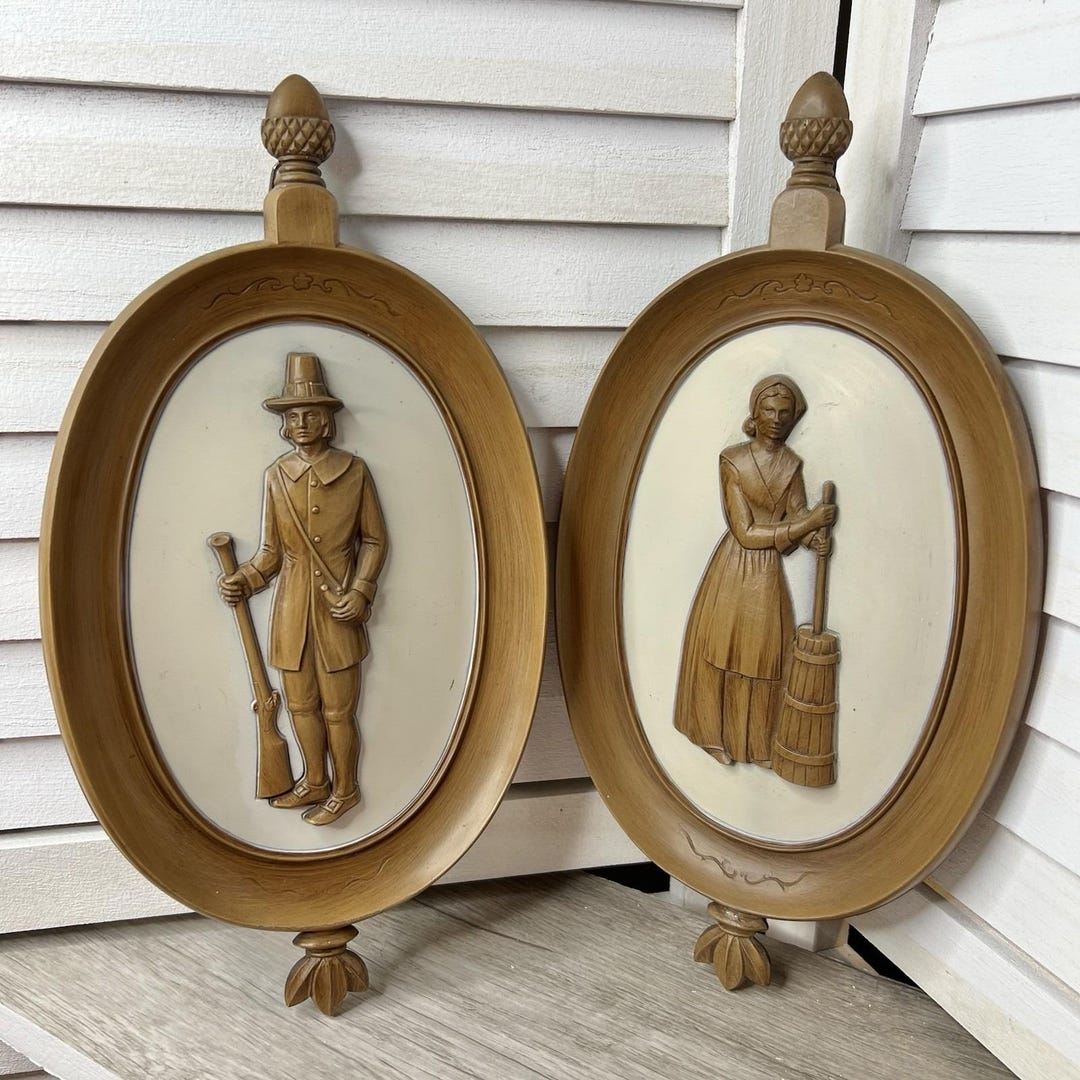 Vintage 1960 Syroco Wall Plaques Pilgrim Man Woman Colonial Figures ...