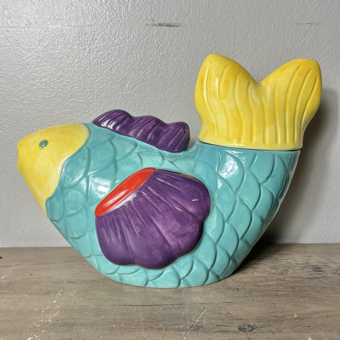 Vintage Treasure Craft Fish Cookie Jar Turquoise Yellow Purple Ceramic ...