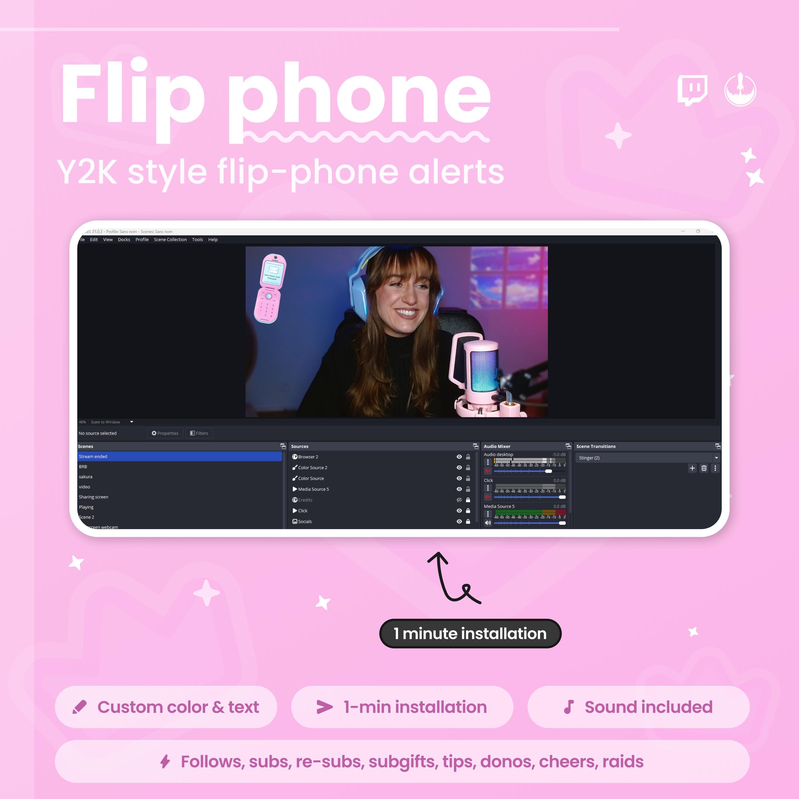 Customizable Retro Flip Phone Twitch Alerts Overlay | Follows, Subs, Re ...