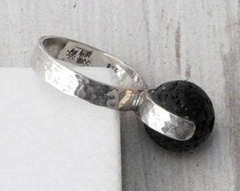 Black Lava Stone Ball Sterling Silver Geometric Ring | Etsy