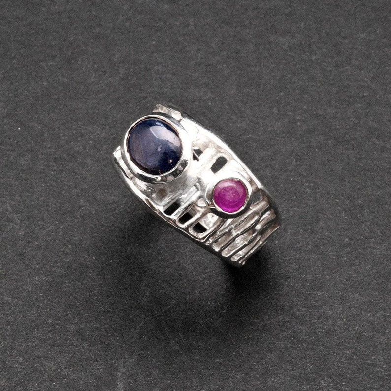 Blue Sapphire and Red Ruby Sterling Silver Wide Band Ring, Dual ...