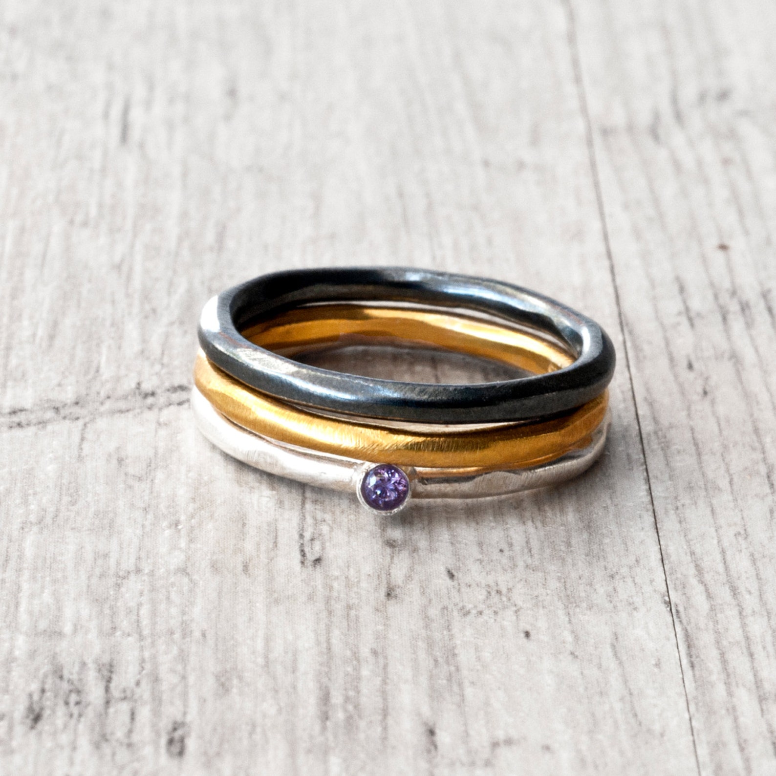Stacking Dainty Ring Set Sterling Silver-gold Plated-black - Etsy