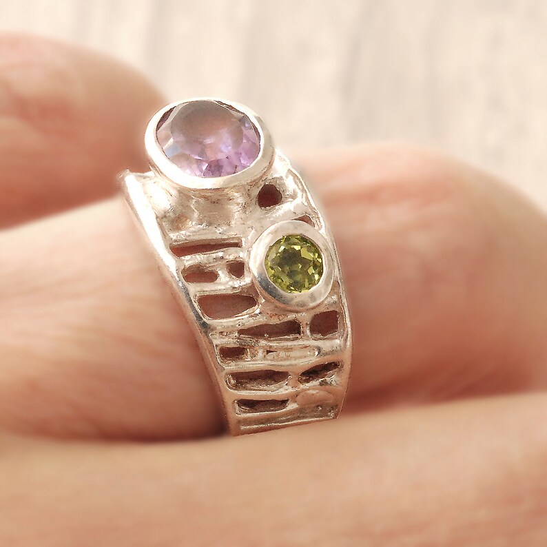 Purple Amethyst and Green Peridot Sterling Silver Wide Band - Etsy