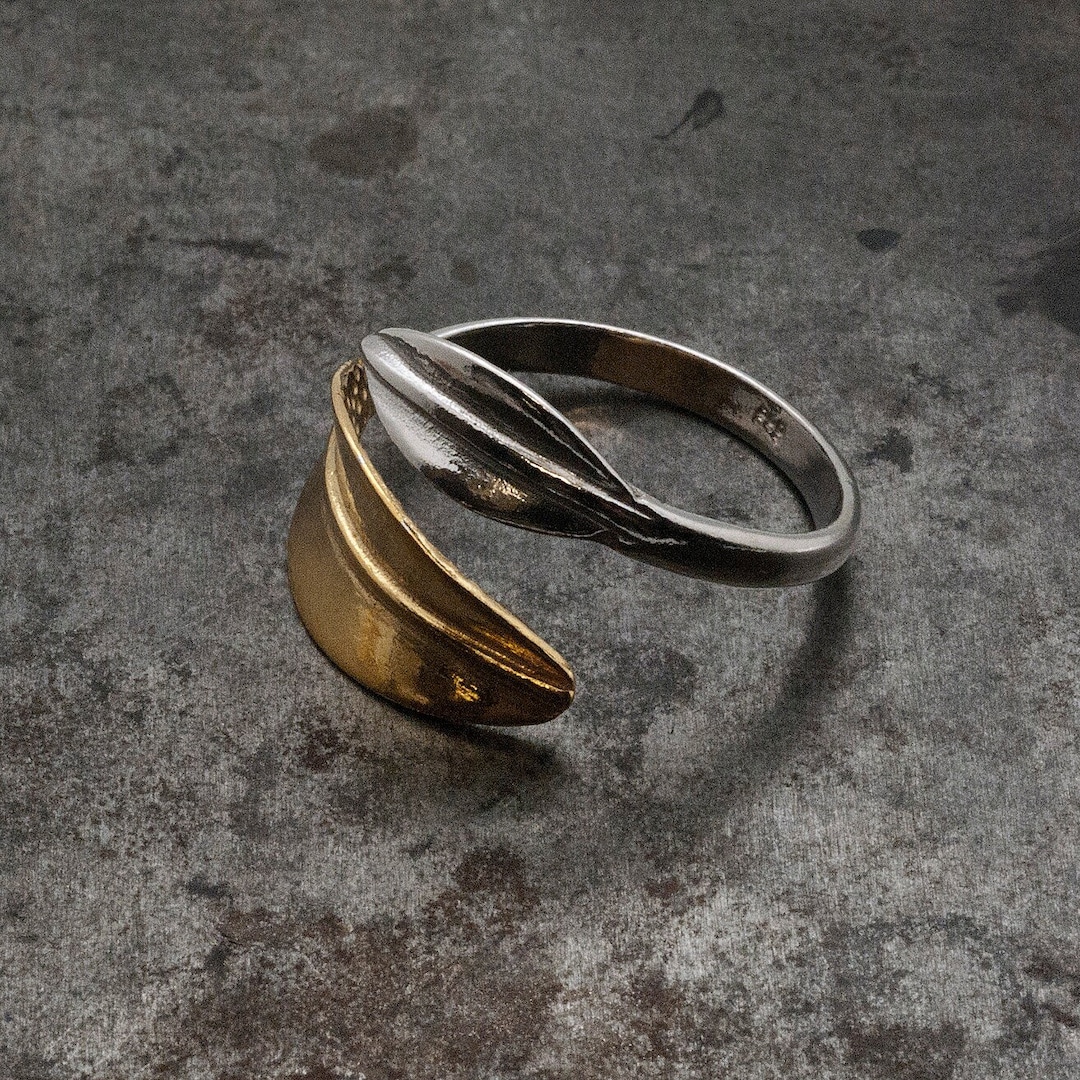 Gold and Silver Leaf Ring, Twisted Leaves Wrap Ring, Women's Adjustable ...