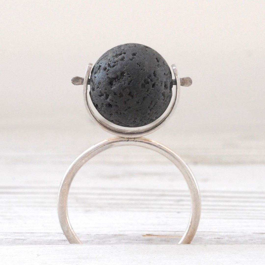 Black Lava Stone Ball Sterling Silver Geometric Ring, Eccentric ...