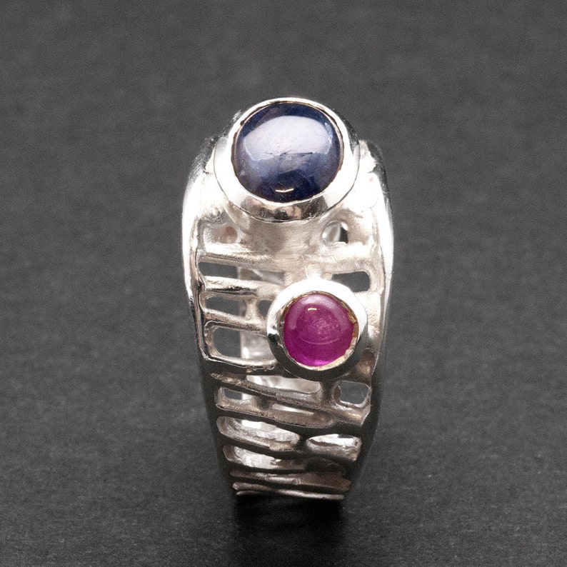 Blue Sapphire and Red Ruby Sterling Silver Wide Band Ring, Dual ...