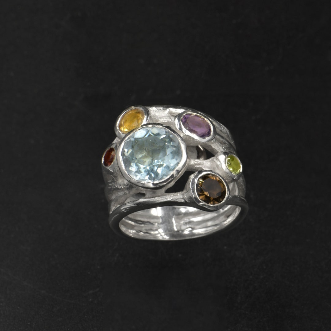 Statement Multi-gemstone Sterling Silver Wide Band Big Ring, Glamorous ...