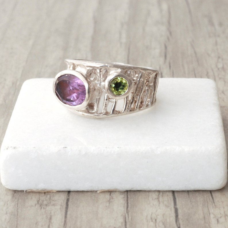 Purple Amethyst and Green Peridot Sterling Silver Wide Band - Etsy