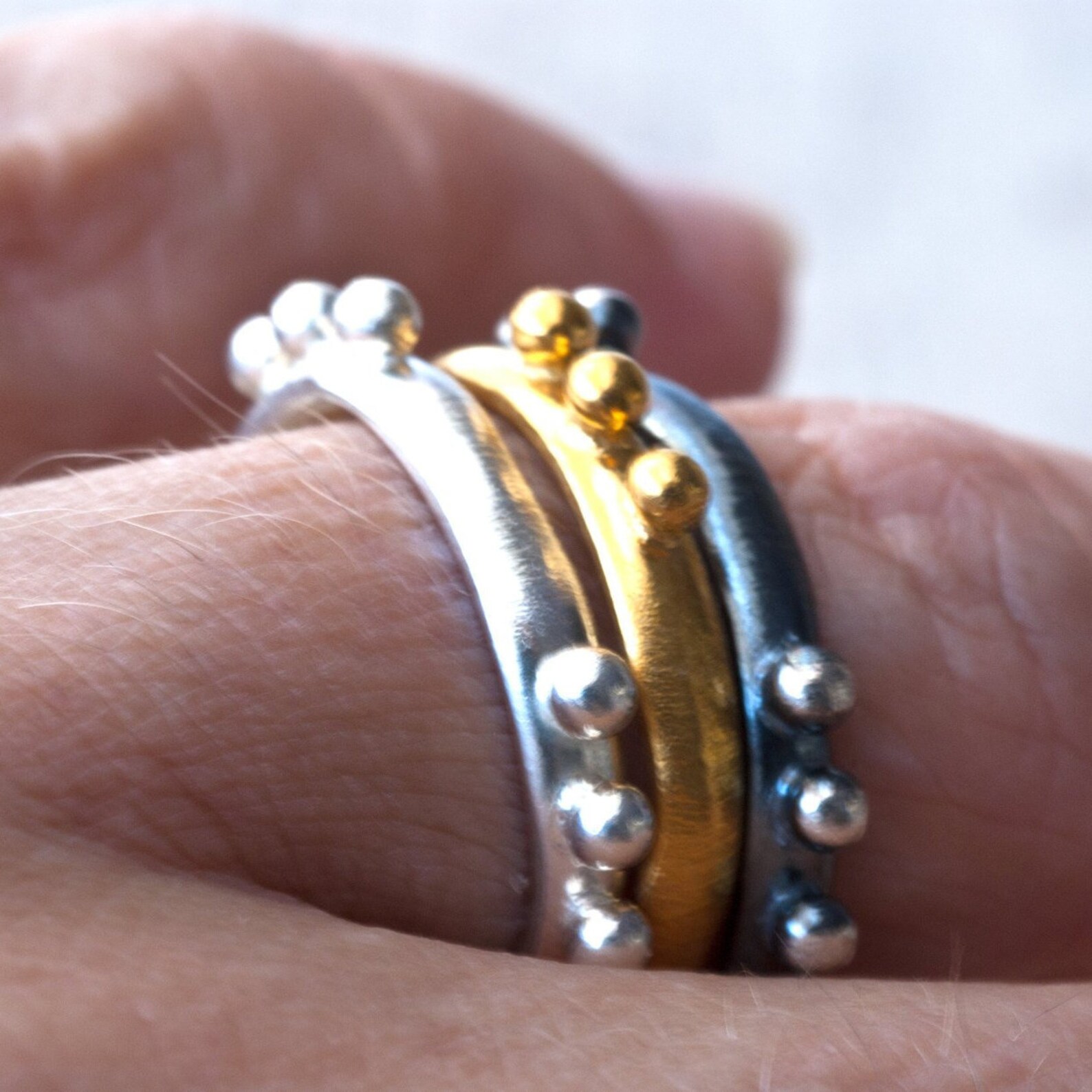 Stackable Ring Set Sterling Silver Gold Black Oxidized Dainty | Etsy