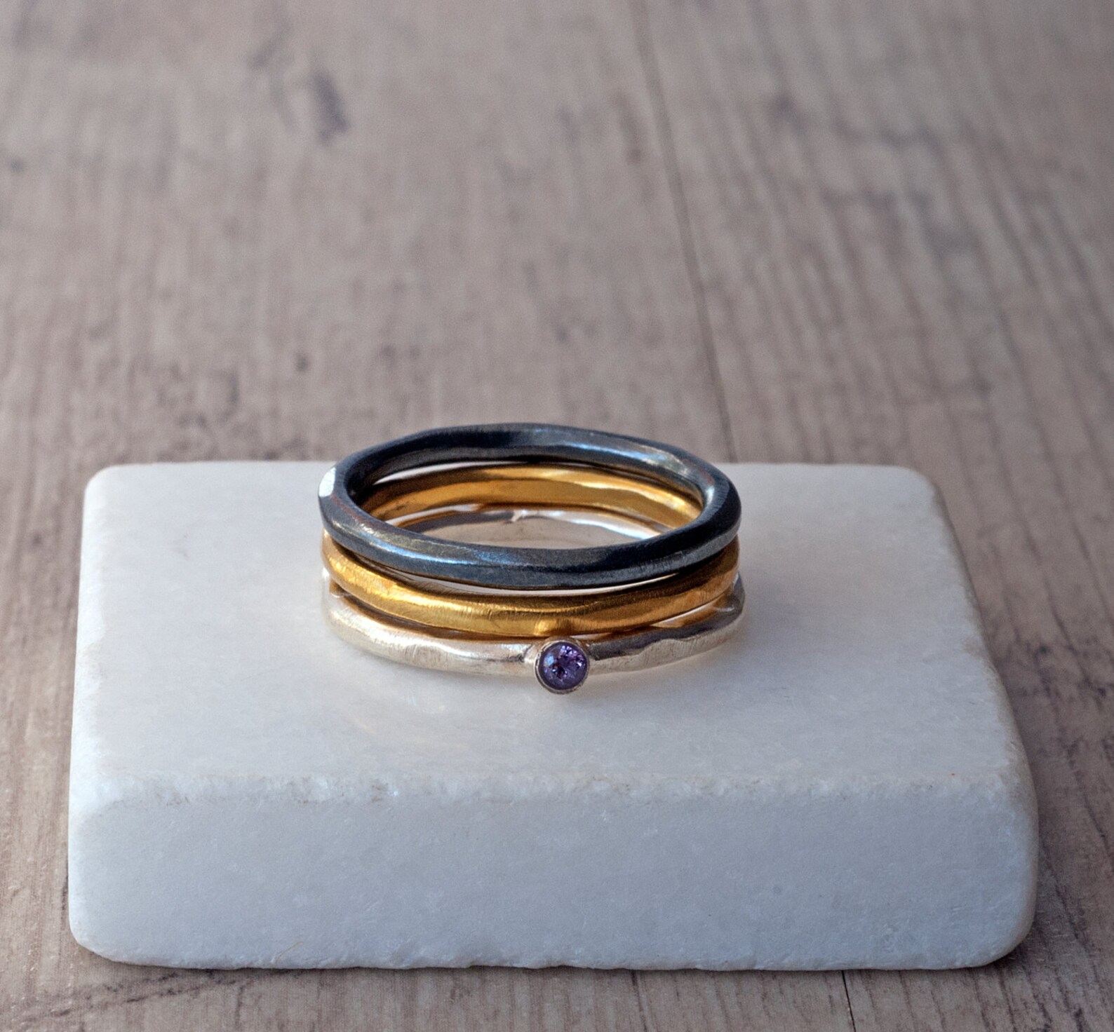 Stacking Dainty Ring Set Sterling Silver-gold Plated-black - Etsy