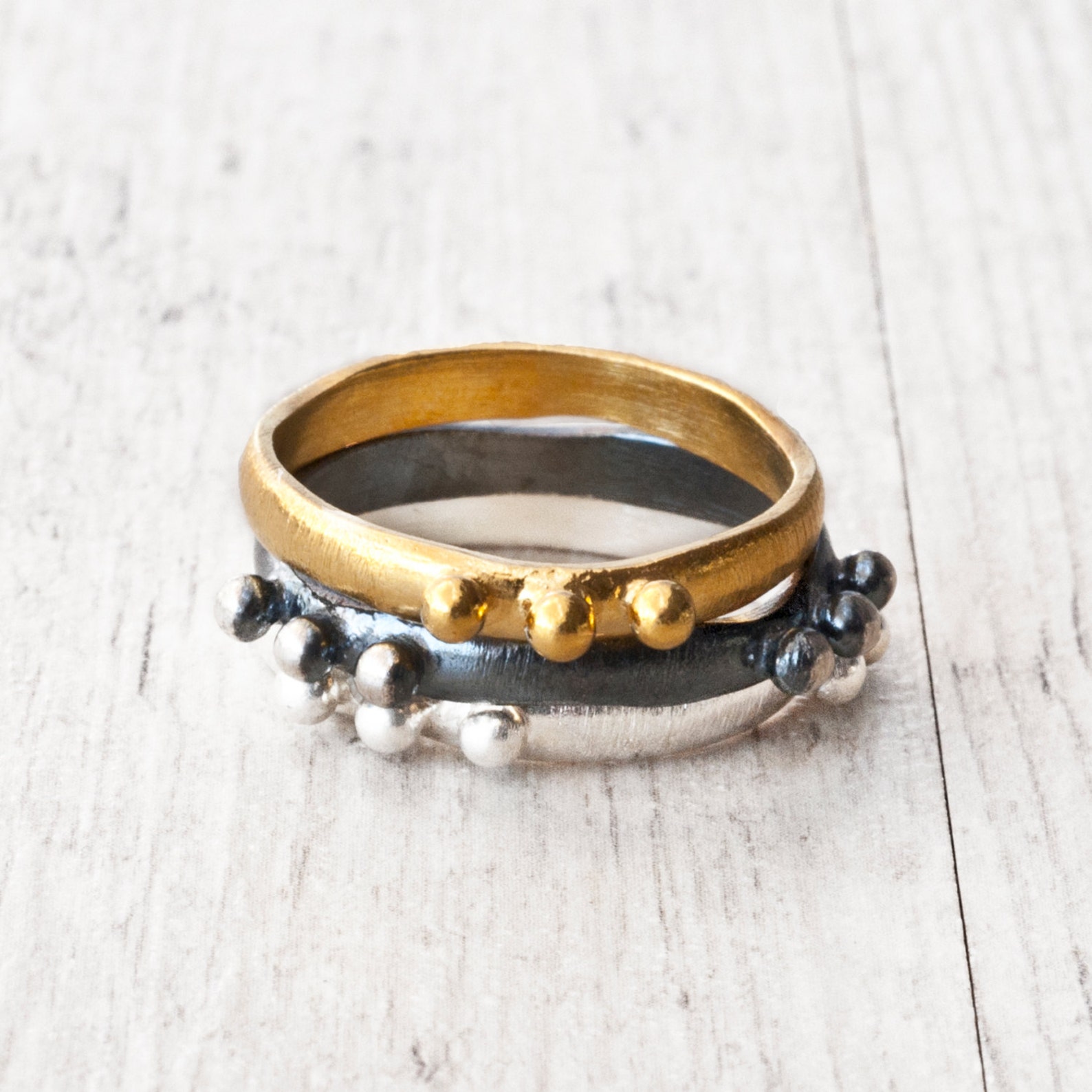 Stackable Ring Set Sterling Silver Gold Black Oxidized Dainty - Etsy