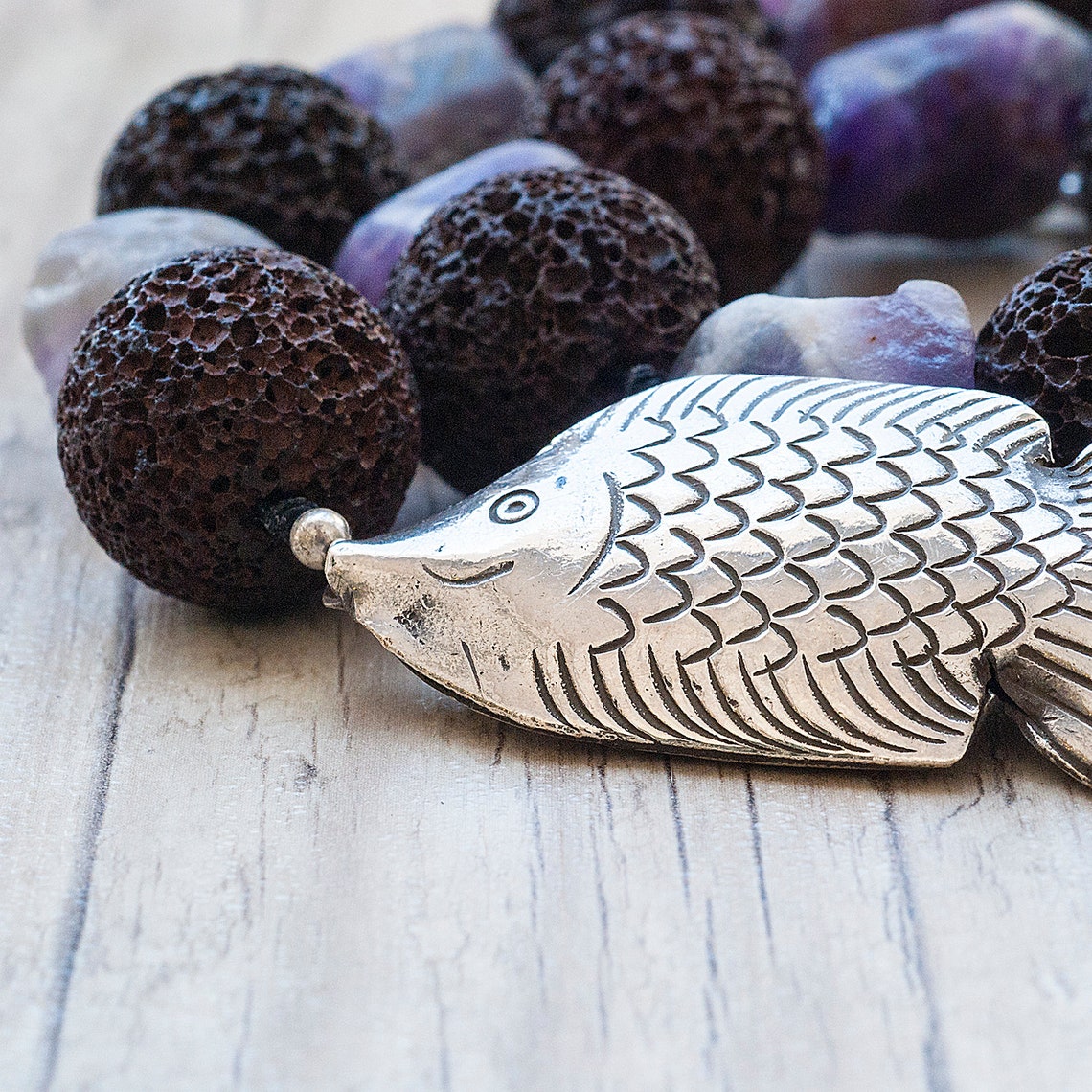 Raw Purple Amethyst and Lava Stone Necklace with Large | Etsy