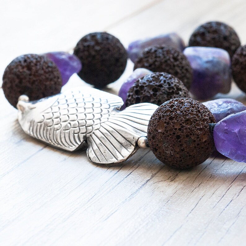 Raw Purple Amethyst and Lava Stone Necklace with Large | Etsy