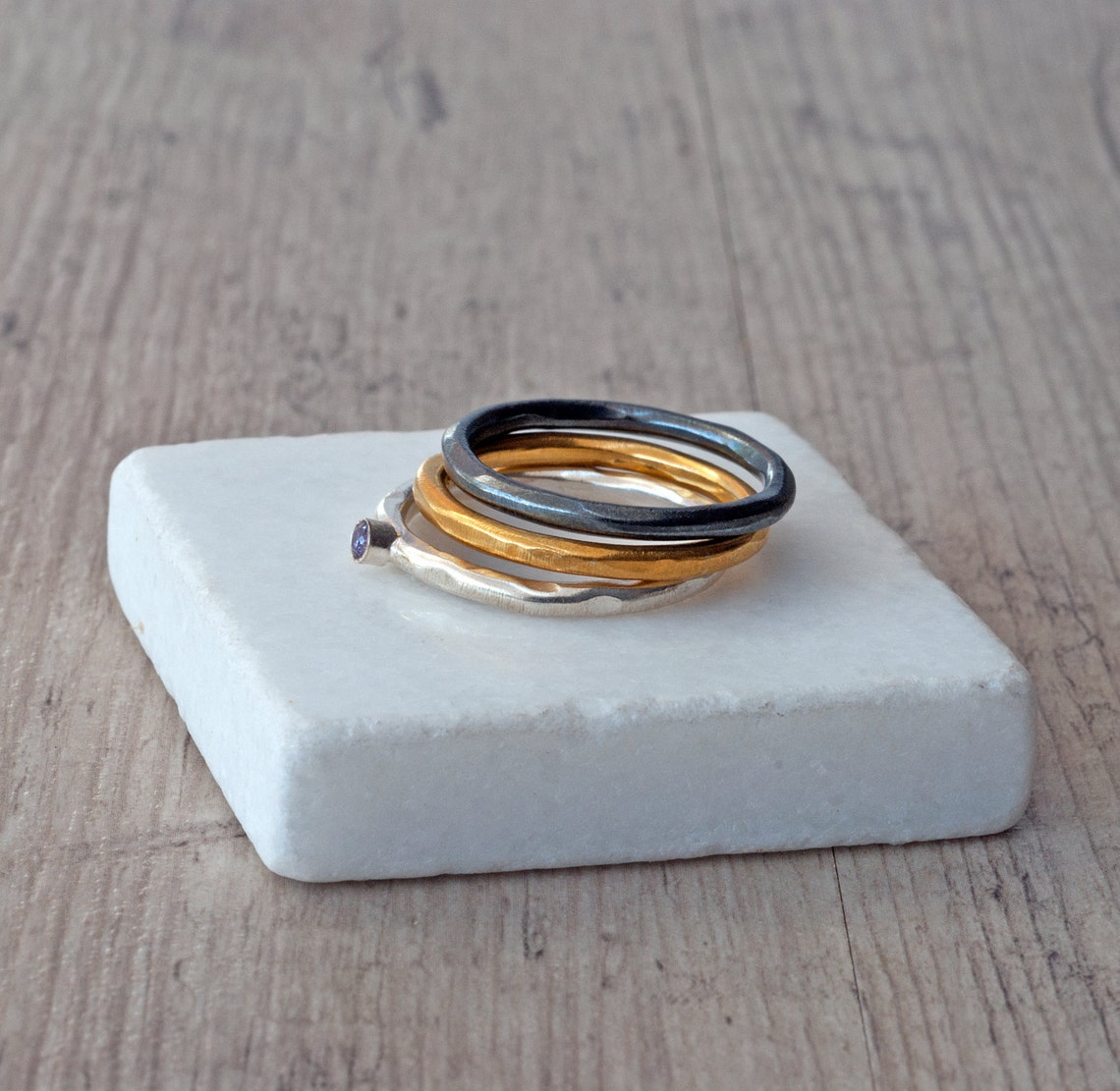 Stacking Dainty Ring Set Sterling Silver-gold Plated-black - Etsy
