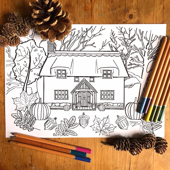 Autumn Cottage Colouring Pages Digital Download Print at - Etsy