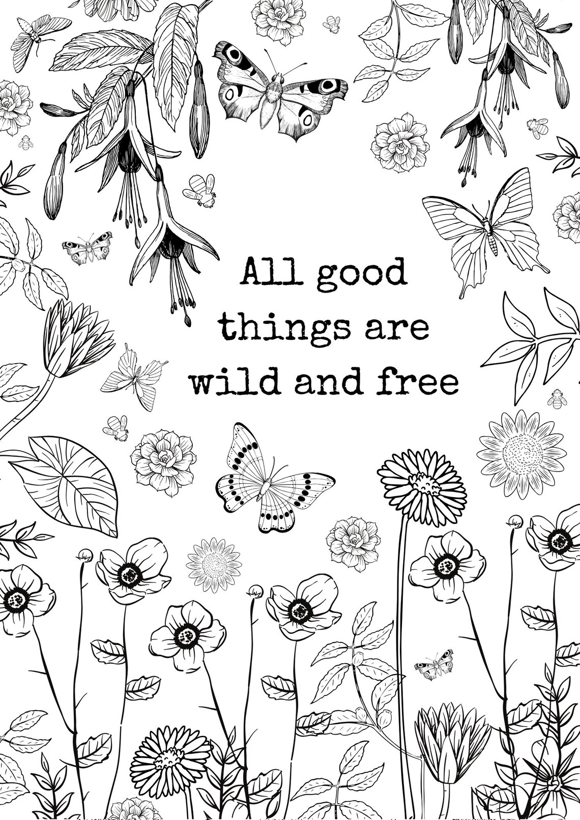 Floral Colouring Page, Wild and Free, Botanical Printable Coloring ...